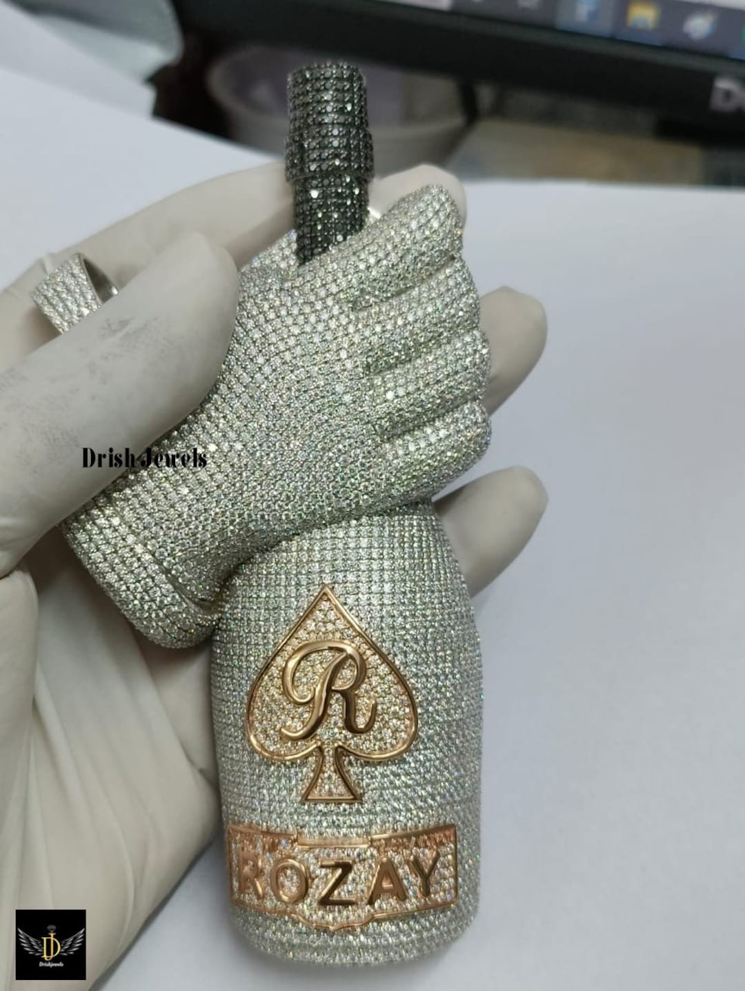 Iced Rozay Wine Bottle Pendant, 14K Gold, Lab Diamond Moissanite, Men's ...