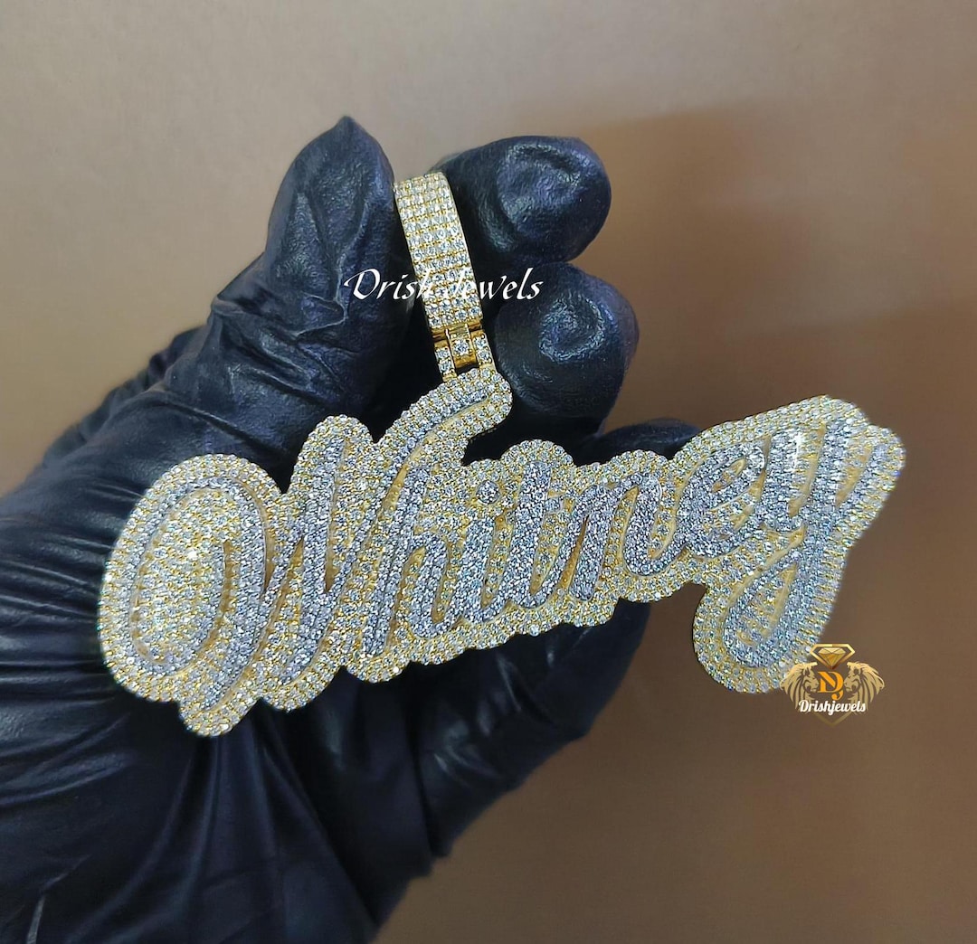 Custom Iced Diamond Name Pendant: 14K Gold Plated, Cz/moissanite, 2 ...