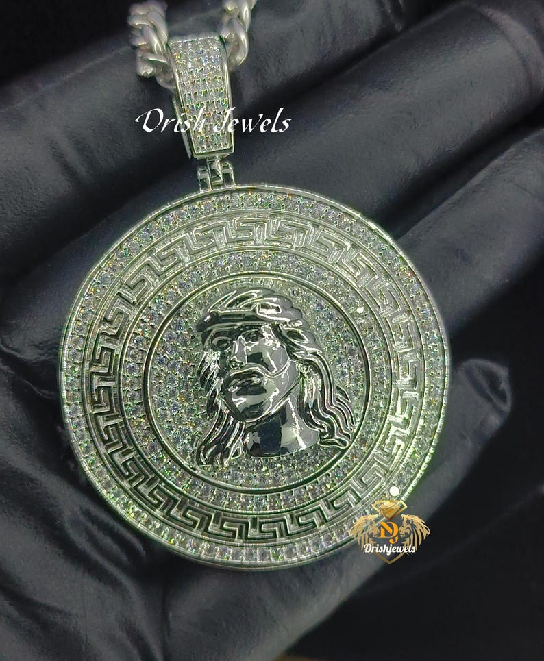 Greek Key Design Men's Jesus Head Medallion Pendant VVS1 Moissanite ...
