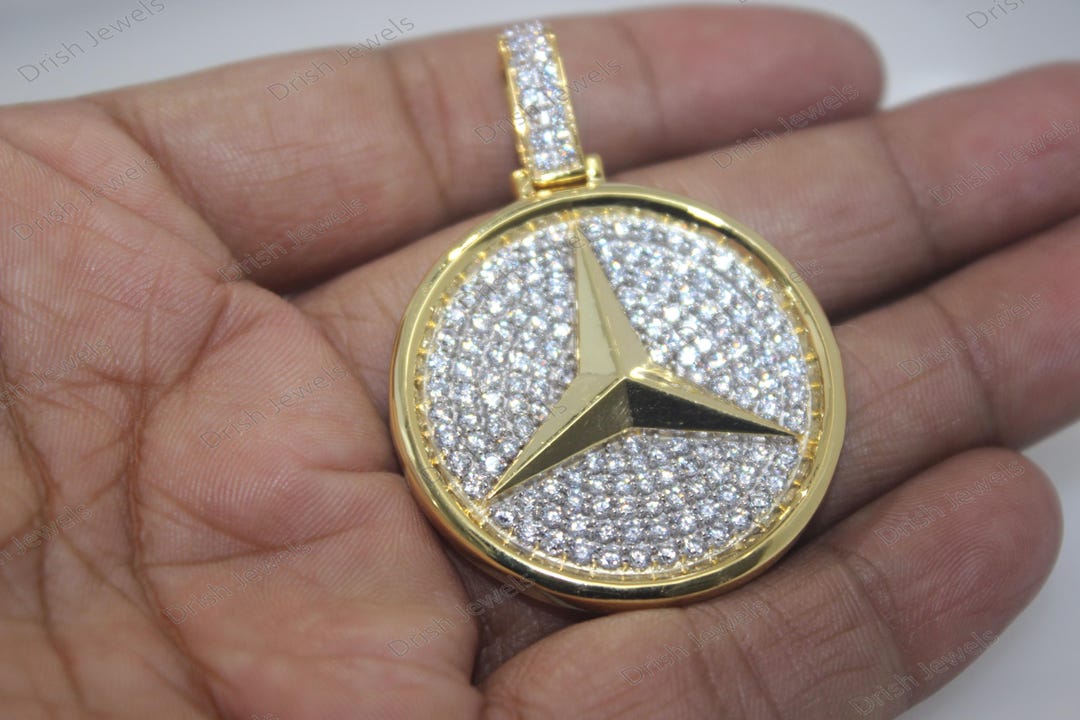Customized Mercedes Logo Medallion Moissanite Pendant 14K Yellow Gold ...