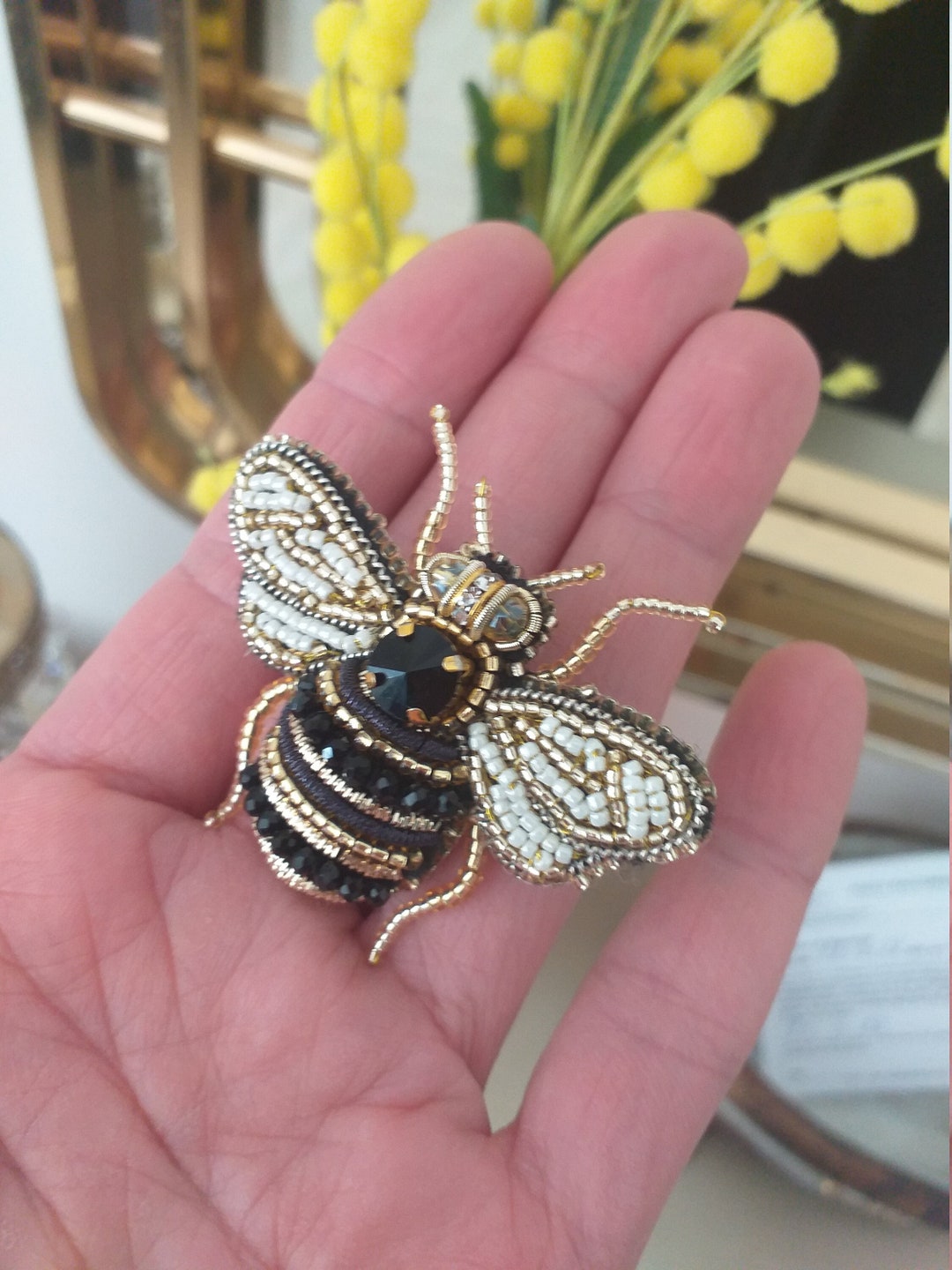 Spilla Ape Perline Insetto Strass, Cristalli, Ricamata a Mano, Handmade ...