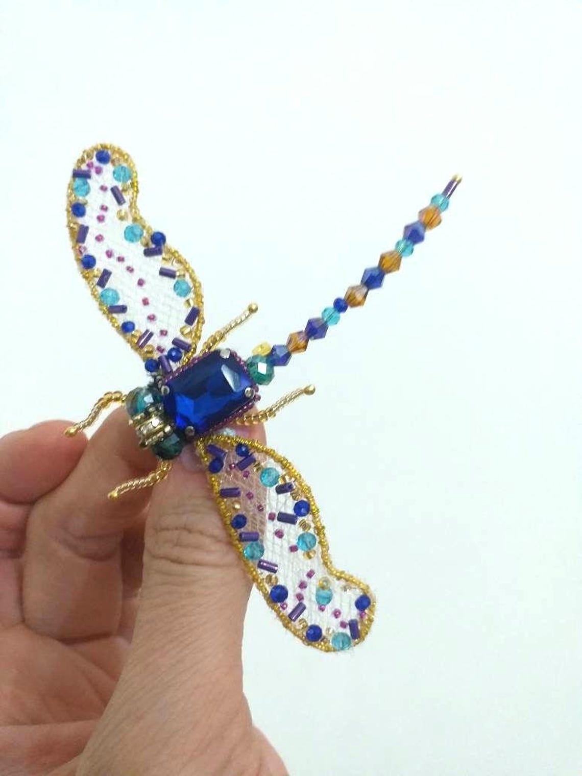 Spilla Insetto Libellula Grande Ricamata Con Perline E Strass Fatta a ...