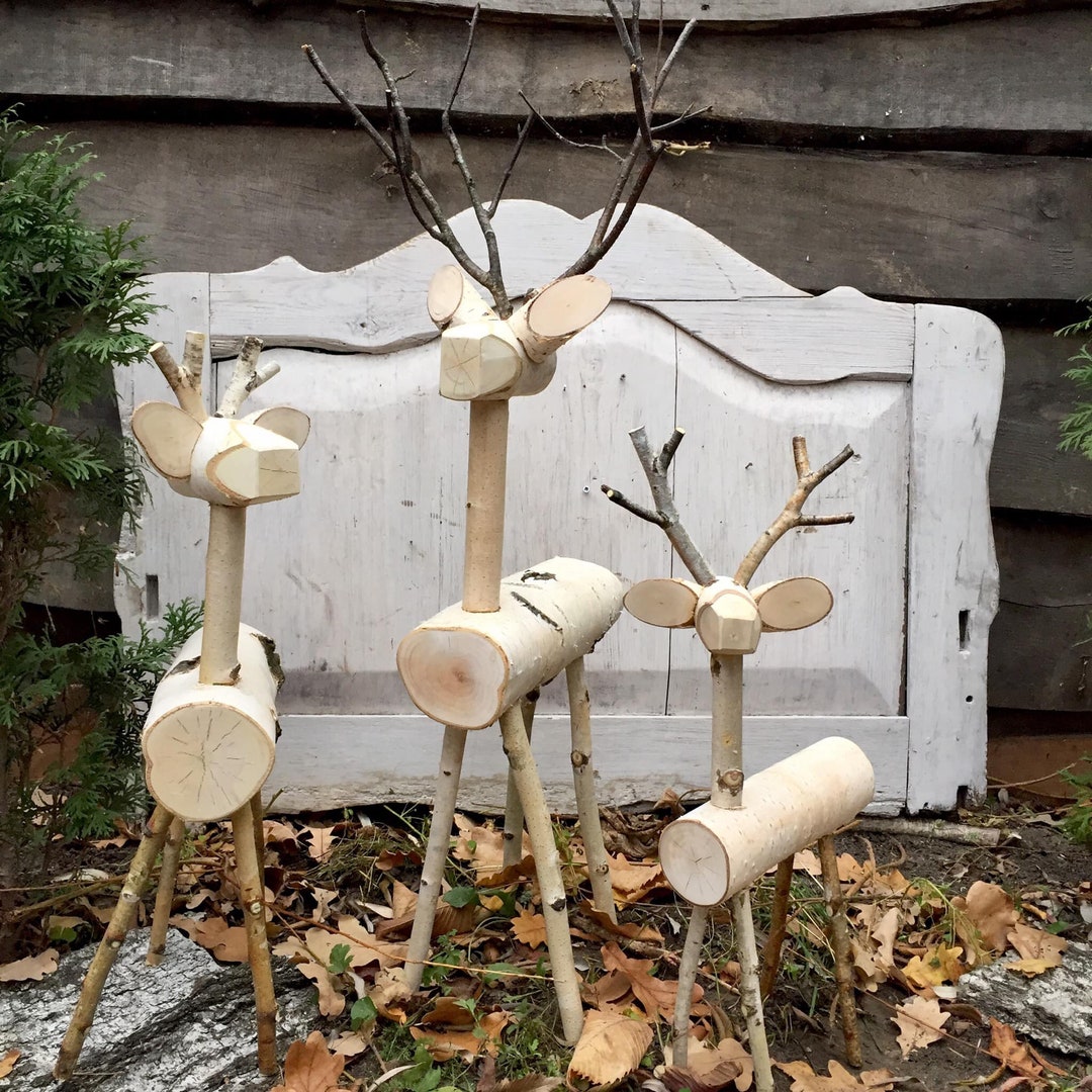 SET 3 BIG Wooden Log Reindeer Family Birch Tree Reindeer Wooden ...