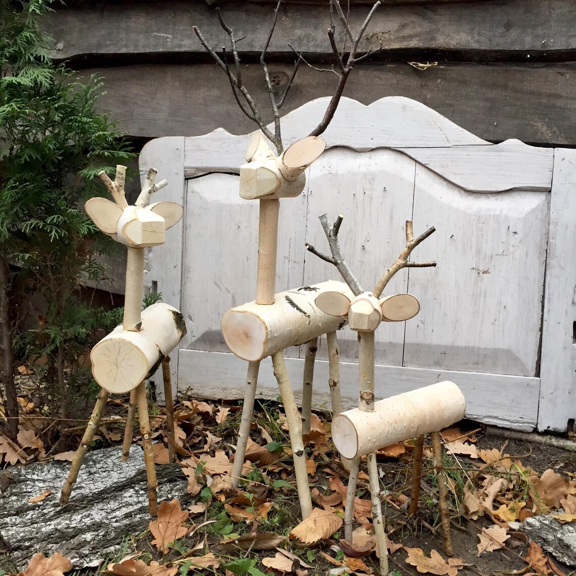 SET 3 BIG Wooden Log Reindeer Family Birch Tree Reindeer - Etsy