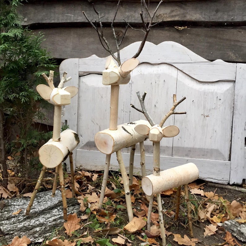 SET 3 BIG Wooden Log Reindeer Family Birch Tree Reindeer Wooden ...