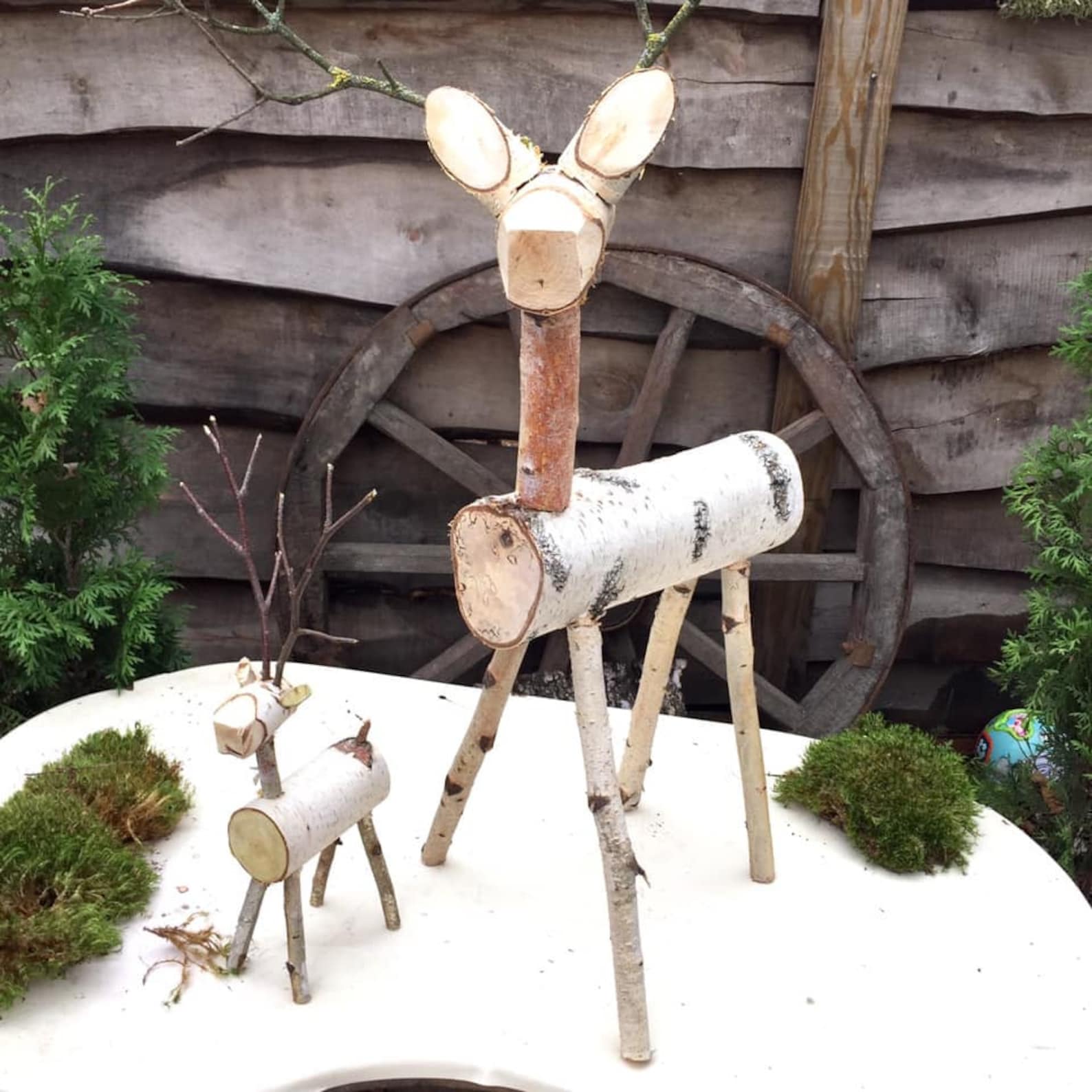 Set Wooden Reindeer Christmas Decor Birch Tree Reindeer Fairy Garden ...