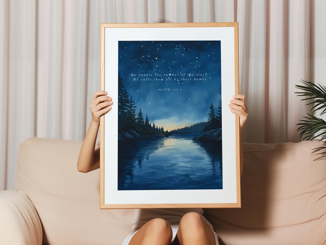 Psalm 147:4 Scripture Print - Night Sky River Landscape (digital ...