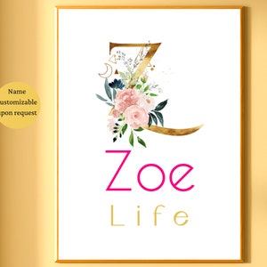 Personalized Name and Letter Print Zoe Name Meaning Wall Art Printable ...