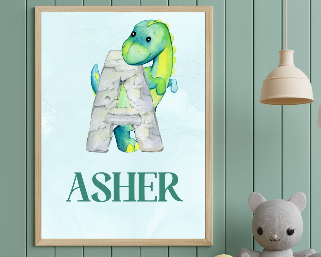 Asher Nursery Name Sign, Cute Dinosaurs Watercolor Nursery Wall Art ...