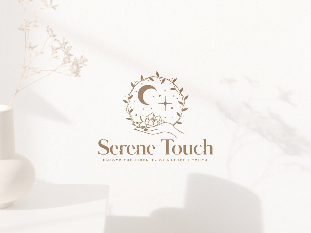 Abstract Hand Holding Flower, Celestial Moon and Stars Logo, Whimsical ...