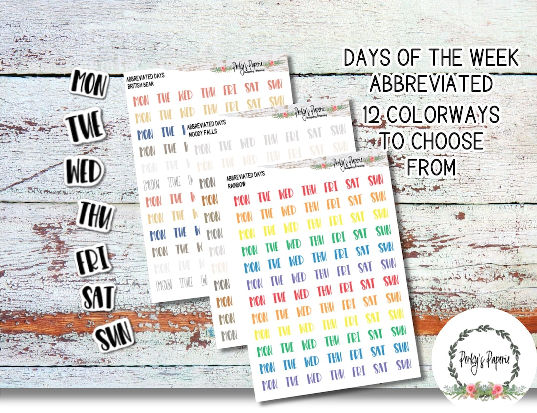 Days of the Week Abbreviated, Colorful Day Planner Stickers, Date ...