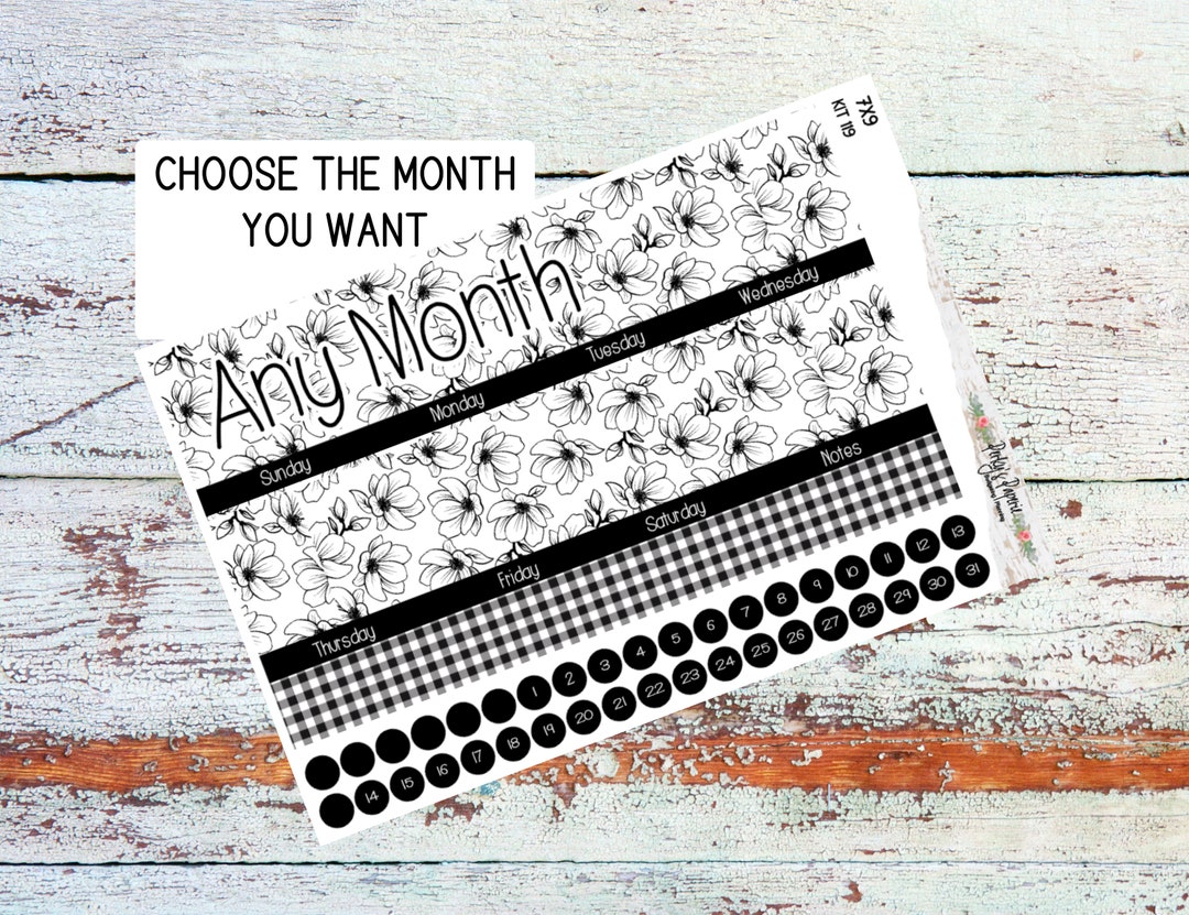 Any Month 7x9 2024 Monthly View Planner Sticker Kit 119 Black and White ...