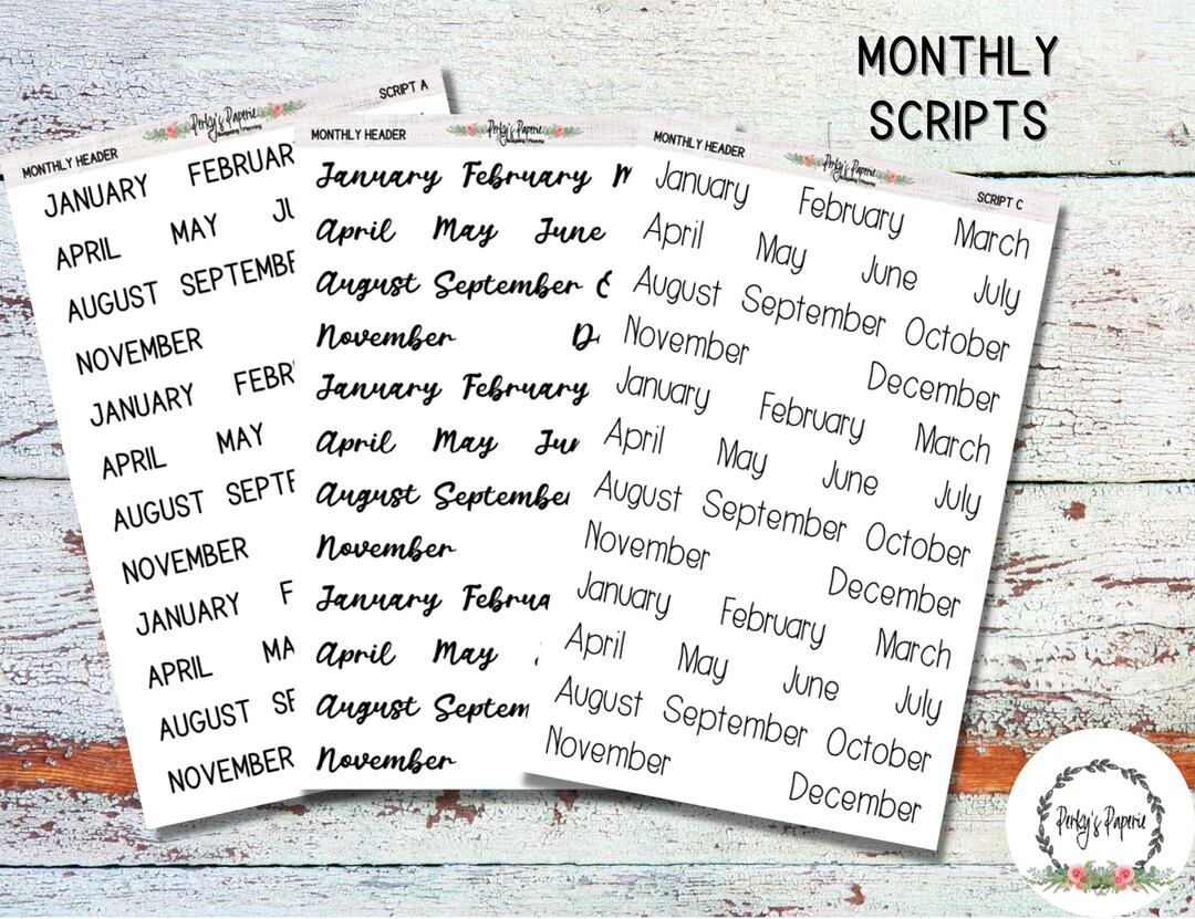 Monthly Scripts in Block Letters and Script Stickers for Your Header ...