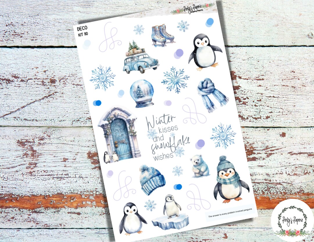 Winter Penguins and Snowflakes Full Sheet Deco Planner Stickers Kit 110 ...
