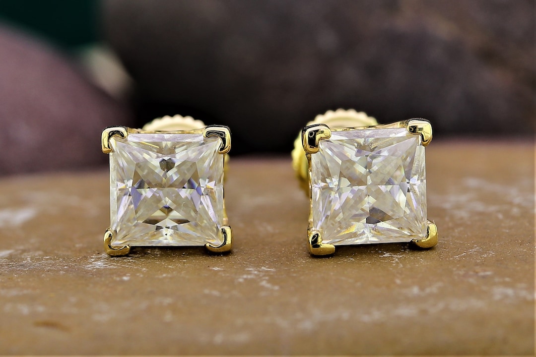 14k Diamond Princess Cut Stud Earrings Minimalist Bridal Jewelry ...