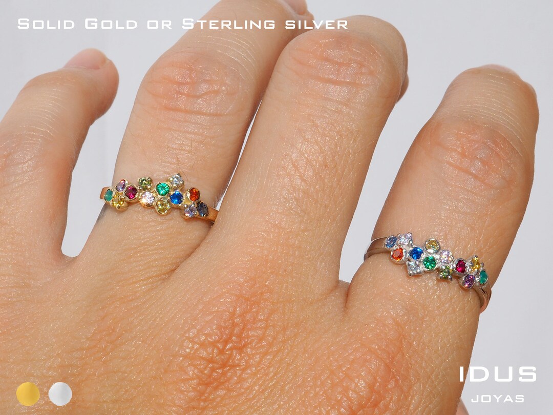 Silver or Solid Gold Organic Rainbow Cluster Ring. CZ Colorful Gemstone ...