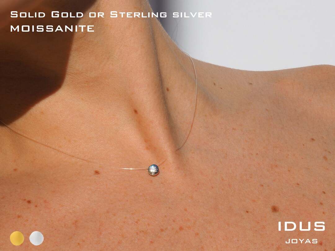 Silver/ 18K Solid Gold Invisible Necklace. Floating Diamond Necklace ...