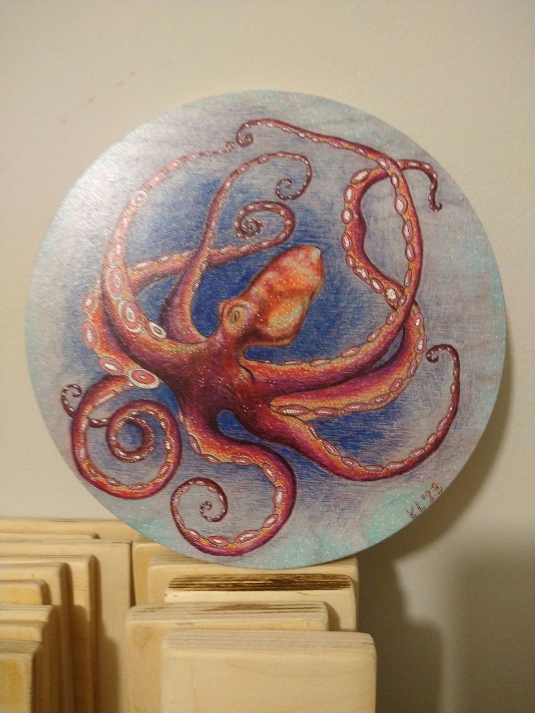 OCTOPUS Beautiful Professional Art Print on Wood Circle From Original ...