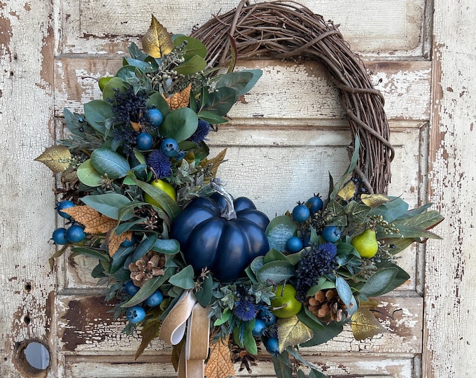Navy Blue Fall Pumpkin Wreath, Blue Fall Wreath, Elegant Fall Wreath ...