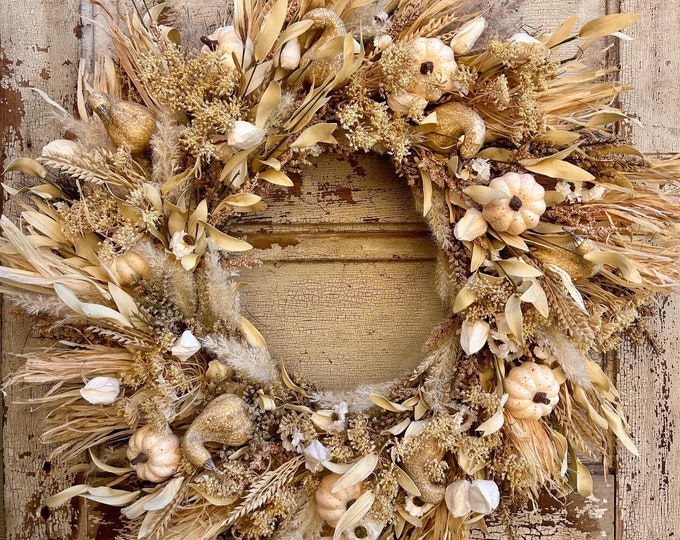 Faux Pampas Grass Wreath for Fall, Beige Autumn Wreath for Front Door ...