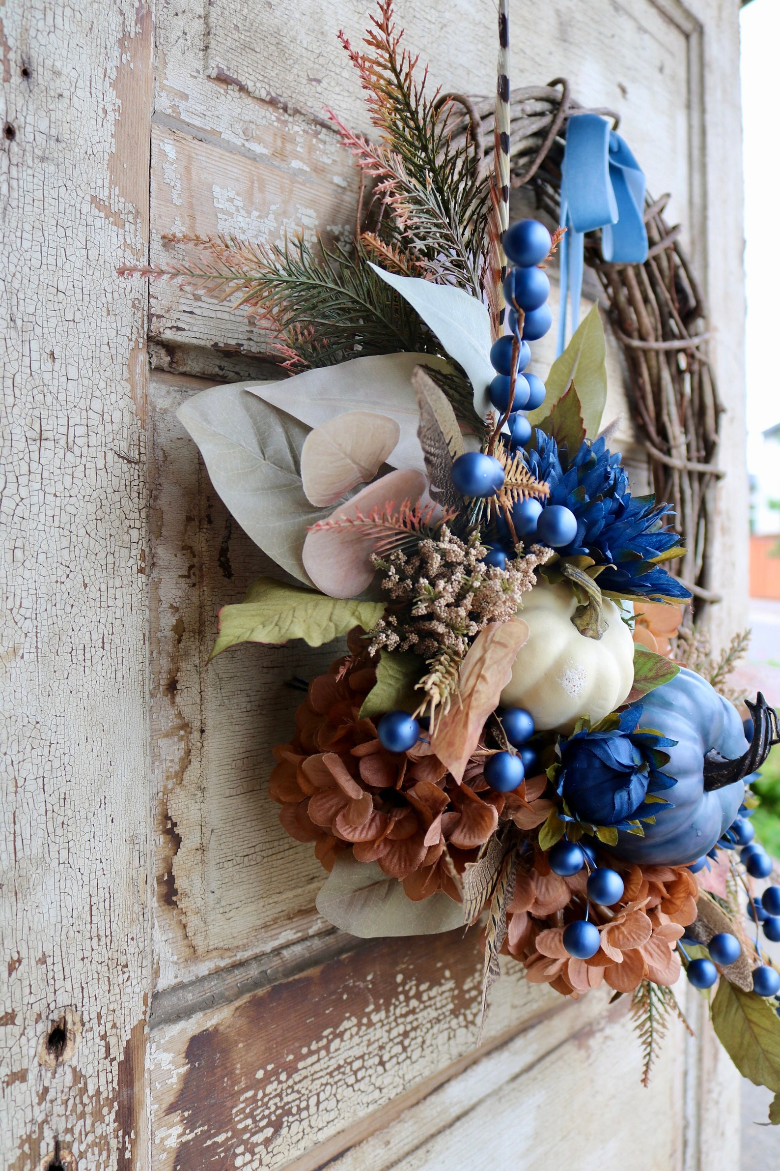 Blue and Copper Fall Pumpkin Wreath Pheasant Feather Wreath - Etsy