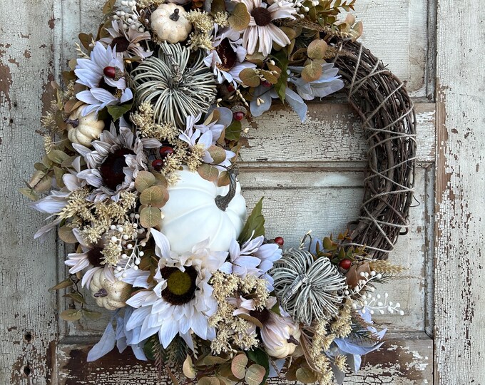 White Pumpkin Wreath for Front Door, White and Green Fall Wreath, Neutral Fall Wreath, Cottage ...
