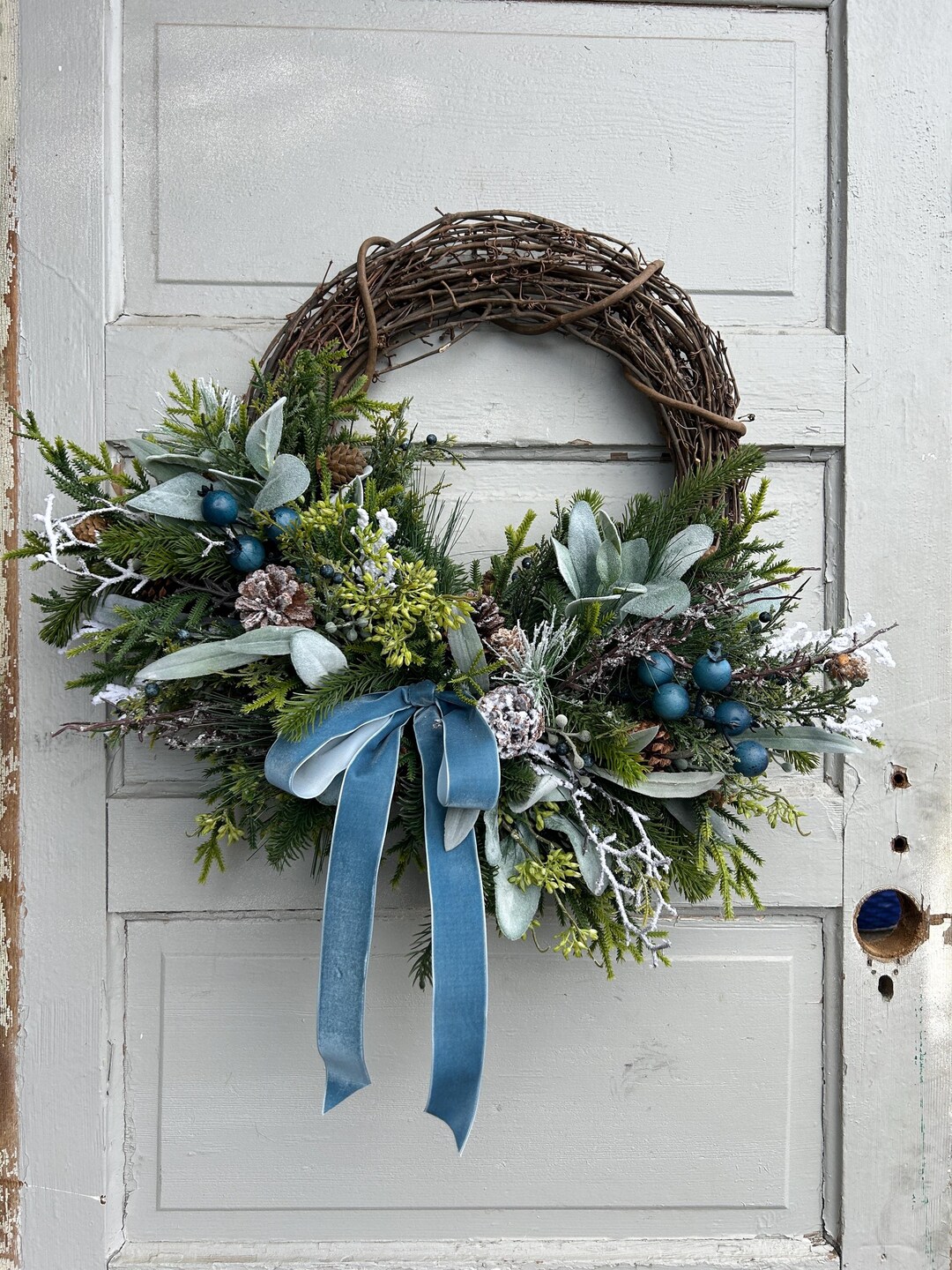 Blue Winter Wreath With Blue Velvet Bow, Faux Evergreen Wreath for ...