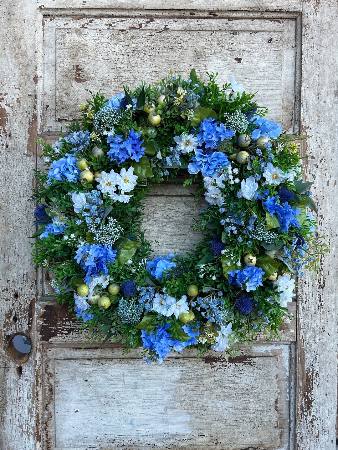 Blue and White Spring Wreath for Front Door, Blue Hydrangea Wreath ...