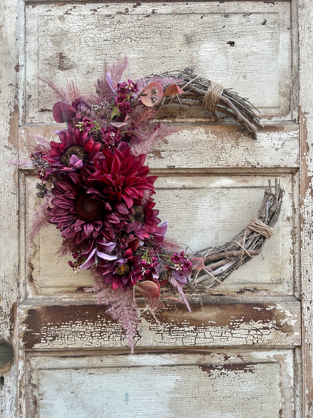 Crescent Moon Wreath, Burgundy Sunflower Wreath for Front Door, Red ...