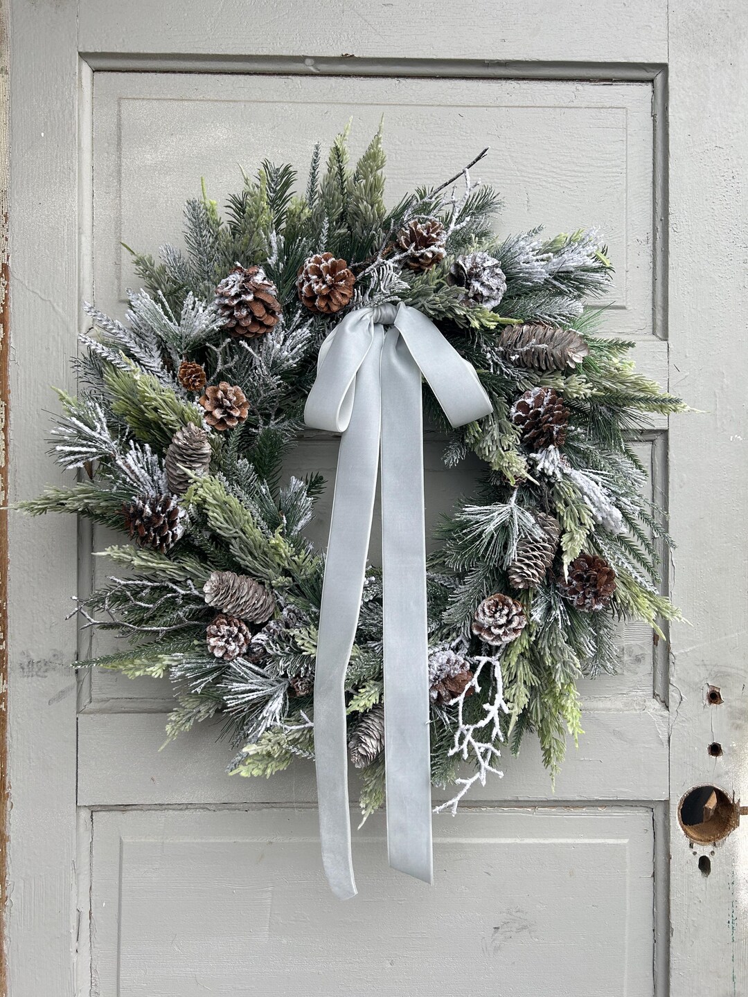 Faux Greenery Winter Wreath With Velvet Bow, Pine and Magnolia Wreath ...
