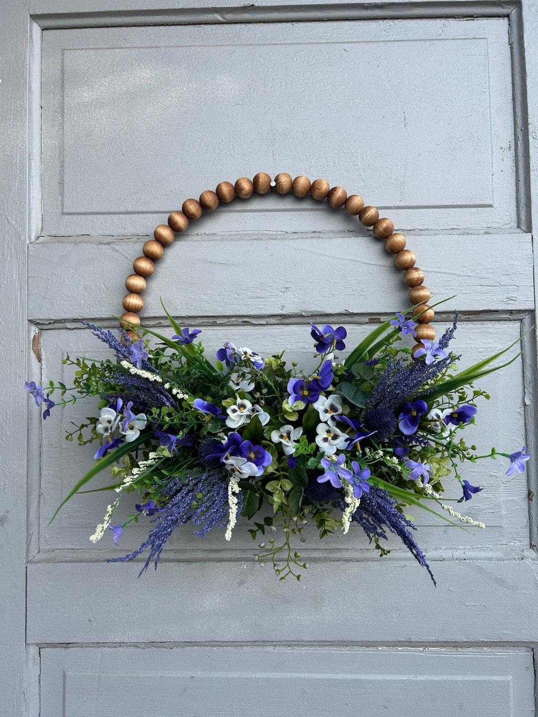 Purple Pansy Wreath, Spring Wood Bead Wreath for Front Door, Lavender ...