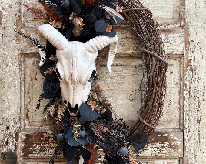 Goat Skull Wreath for Front Door, Skull Wreath for Halloween ...