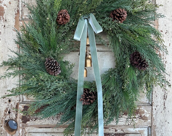 Winter Bell Wreath With Berries, Christmas Brass Bell Wreath, Holiday ...