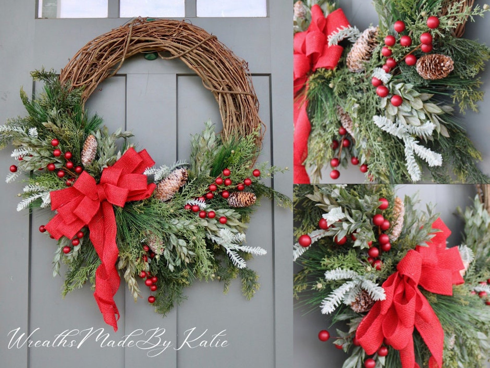 Woodland Christmas Wreath Rustic Christmas Wreath Red Burlap - Etsy