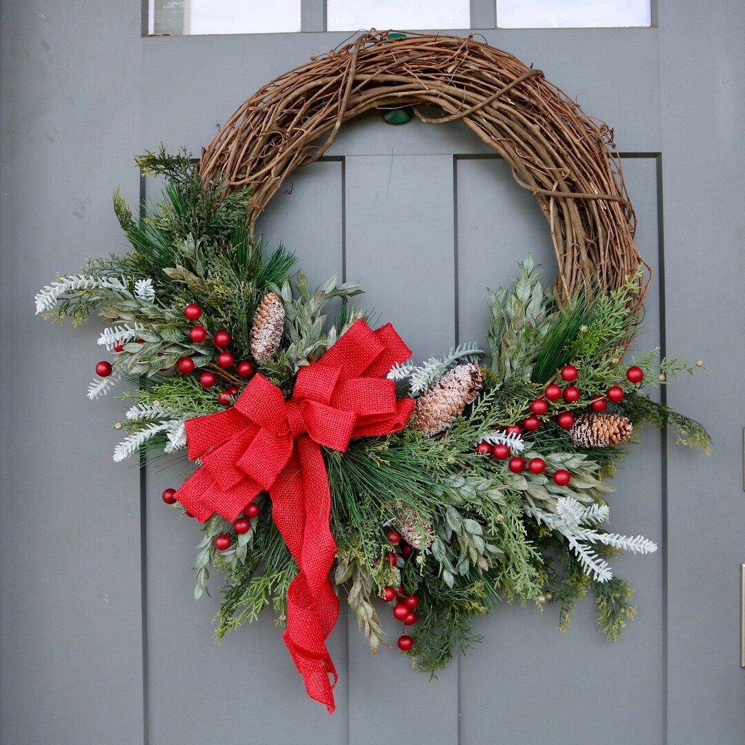 Woodland Christmas Wreath, Rustic Christmas Wreath, Red Burlap Bow ...