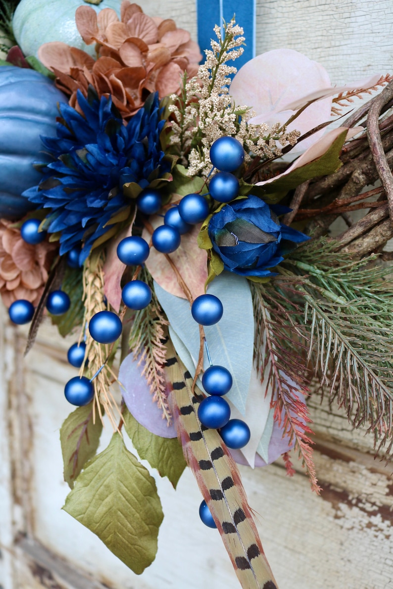 Blue and Copper Fall Pumpkin Wreath Pheasant Feather Wreath - Etsy