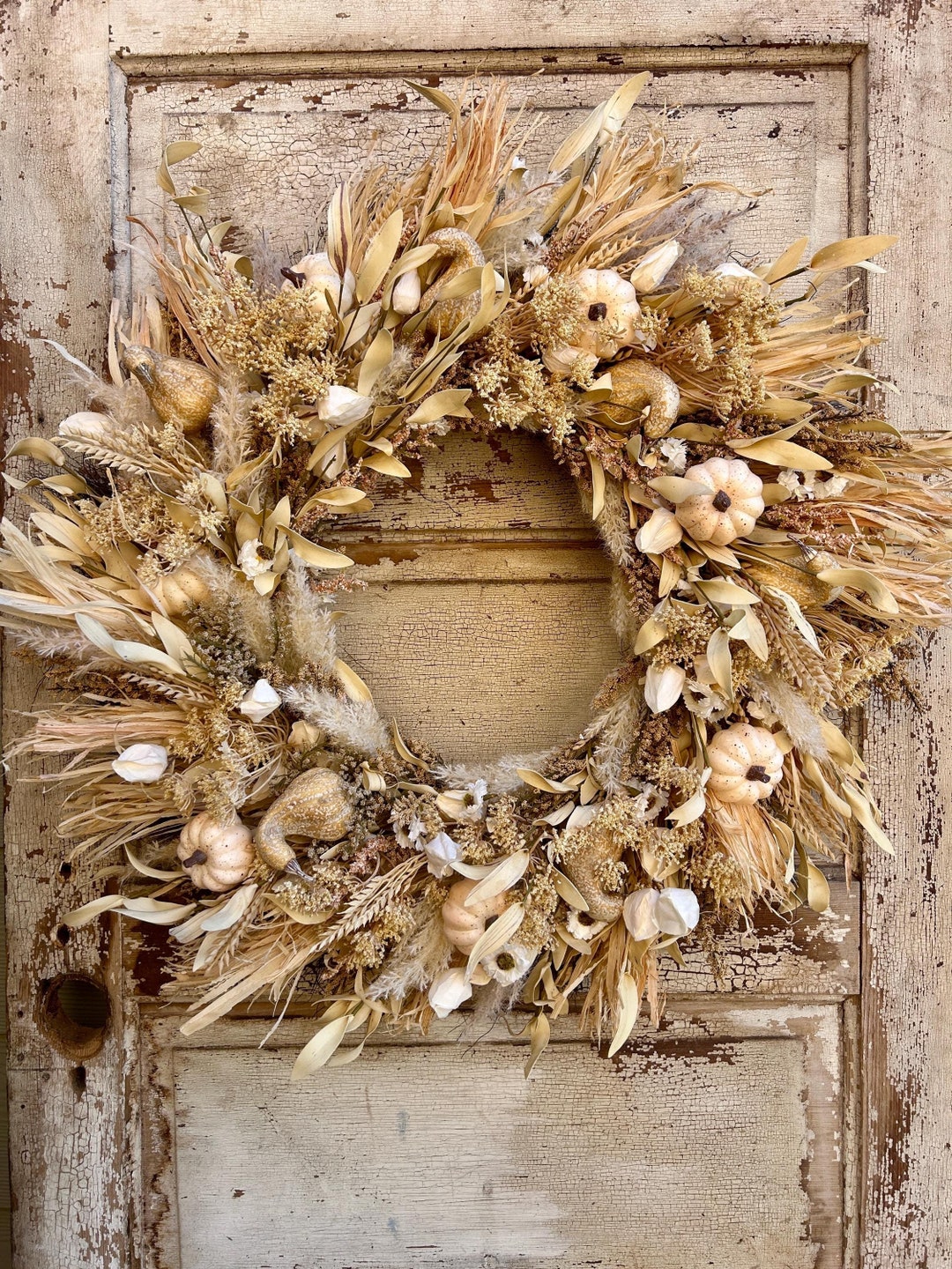 Faux Pampas Grass Wreath for Fall, Beige Autumn Wreath for Front Door ...