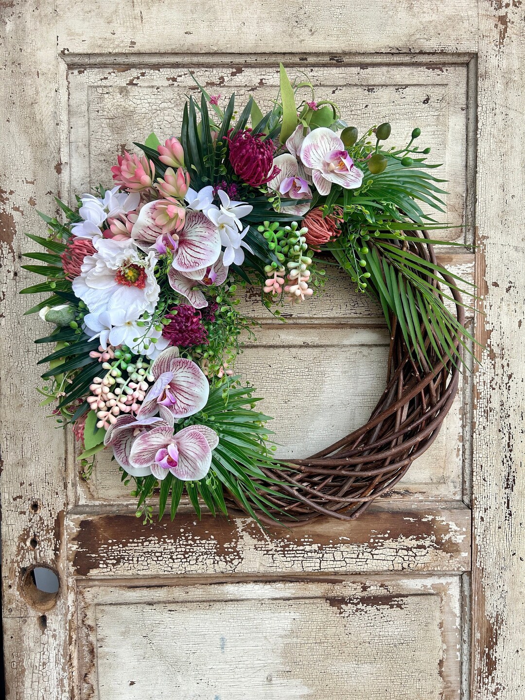 Tropical Wreath for Front Door, Faux Floral Palm Wreath, Island Wreath ...