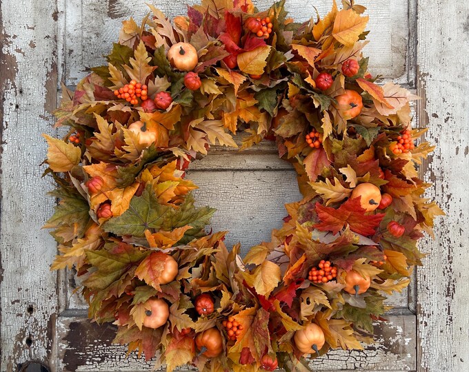 Orange Fall Wreath With Pumpkins, Maple Leaves Foliage Wreath for Front ...