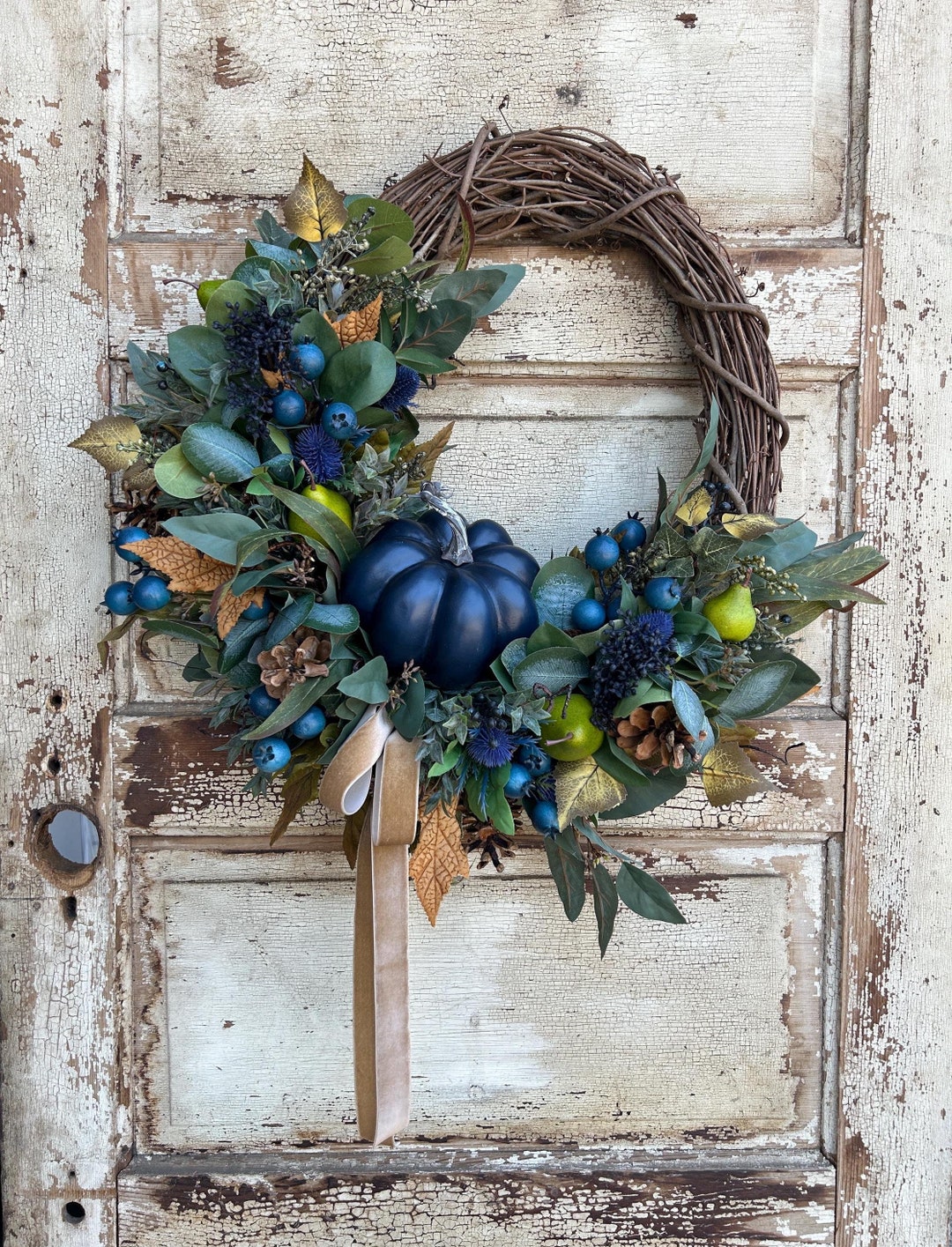 Navy Blue Fall Pumpkin Wreath, Blue Fall Wreath, Elegant Fall Wreath ...