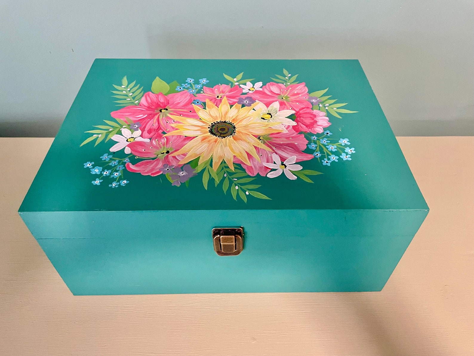 Beautiful Large Hand Painted Box With Sunflower Design and Lilly ...