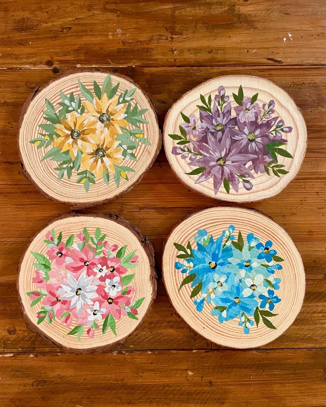 Pack of Four Rustic Hand Painted Floral Wood Slice Coasters. Placemats ...