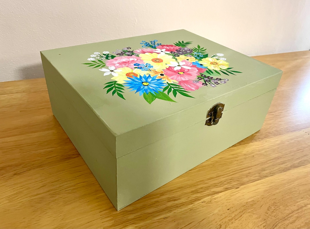 Beautiful Sage Green Hand Painted Memory Box With Cheerful Floral ...