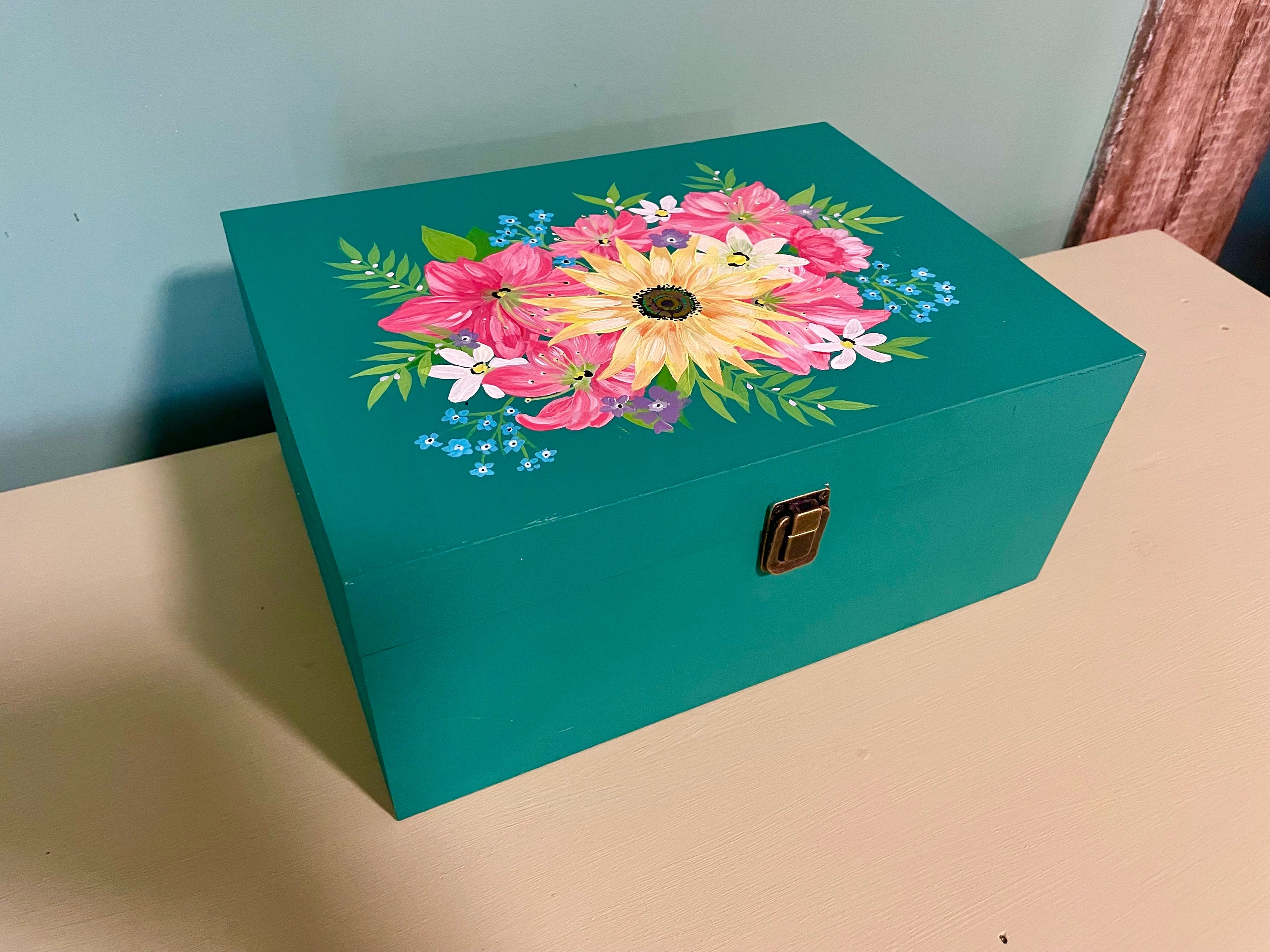Beautiful Large Hand Painted Box With Sunflower Design and Lilly ...