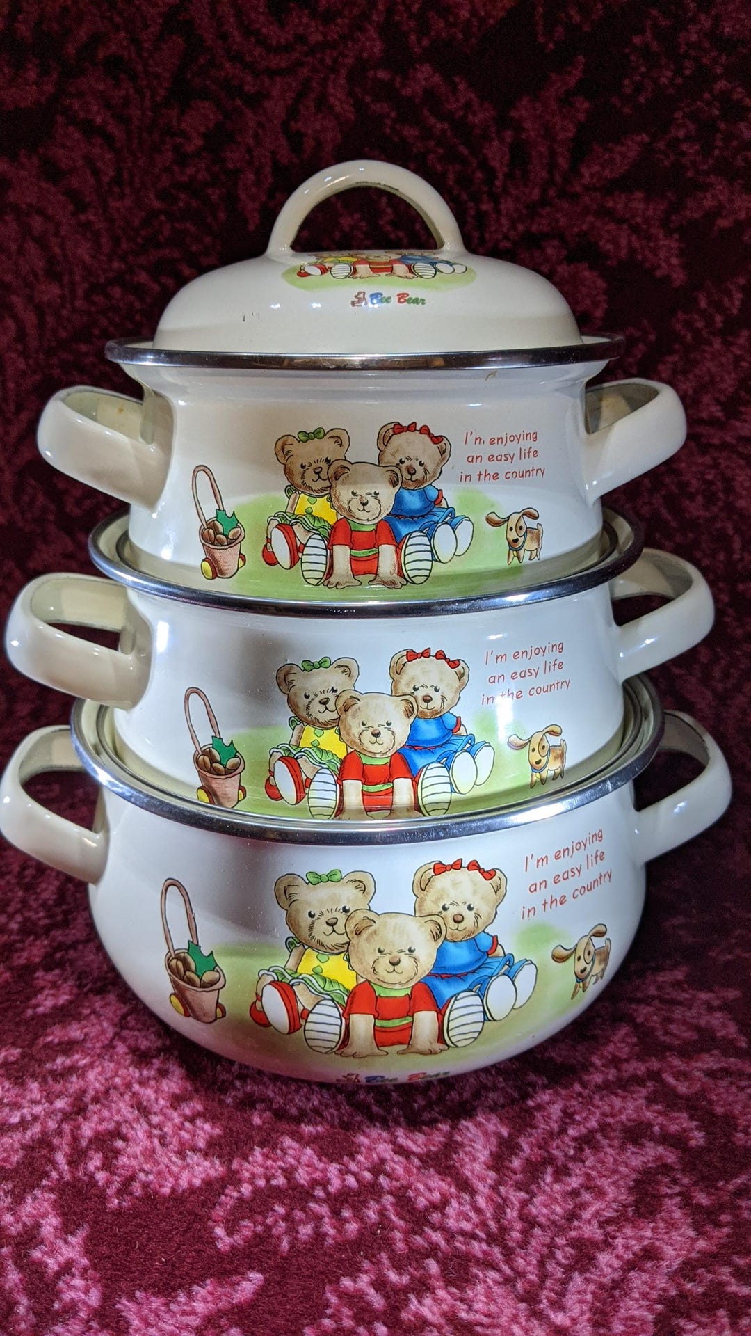 Vintage Bee Bear Enameled Cooking Pot Set 6pc. Country Style Teddy ...