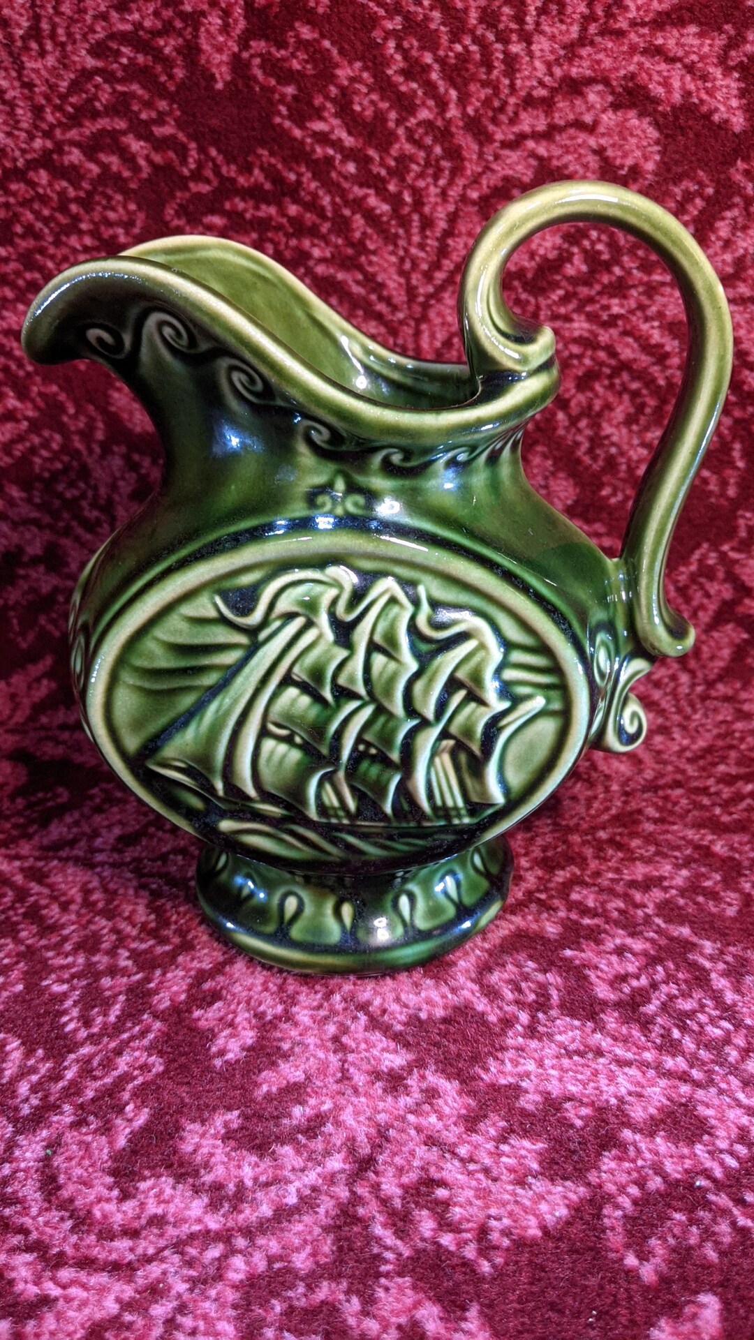 Vintage Mccoy Pottery Pitcher Avocado Glaze Sailing Ship USA - Etsy