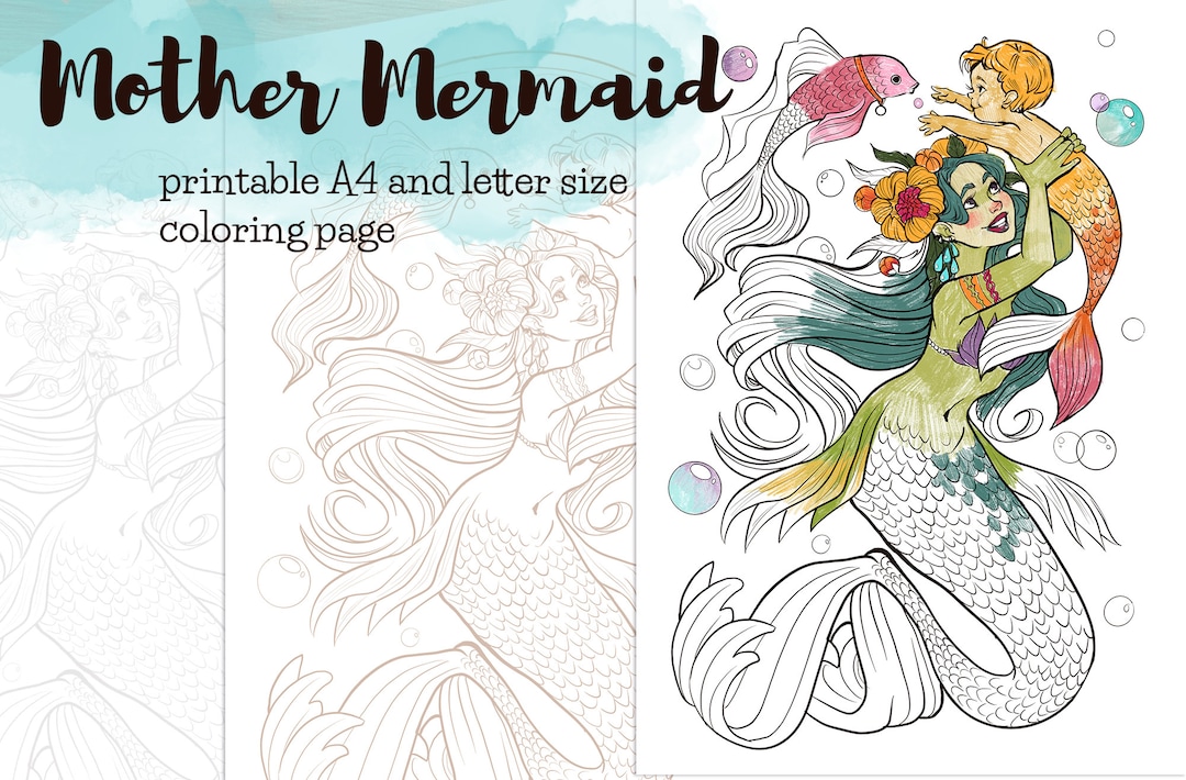 Mother Mermaid Coloring Page (printable B&w, Light Grey and Sepia) - Etsy
