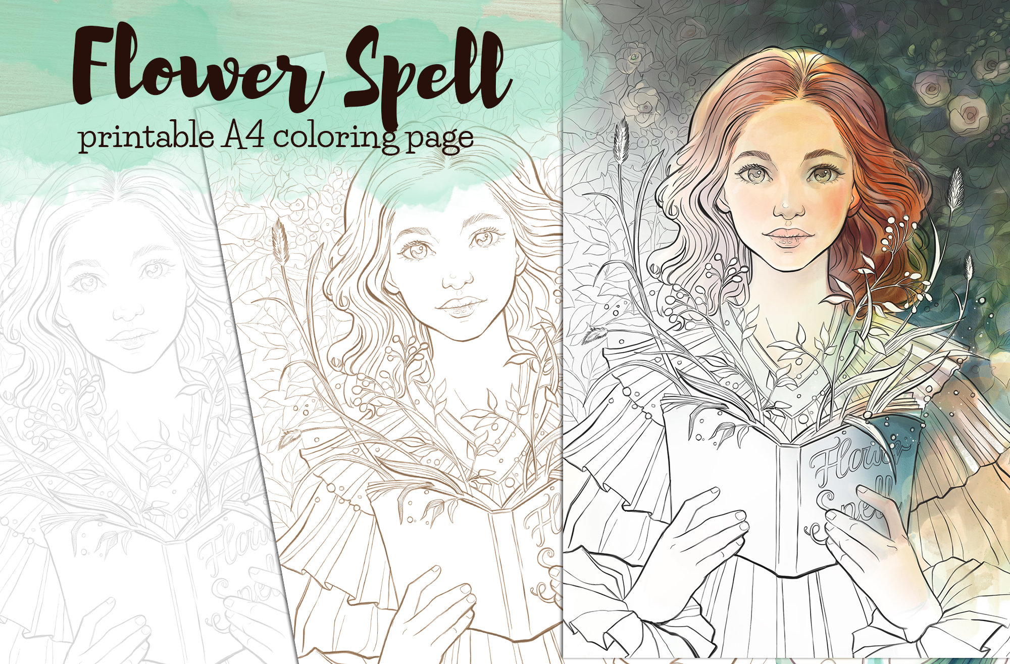 Flower Spell Coloring Page, Girl With Book Illustration (PDF & JPG) - Etsy