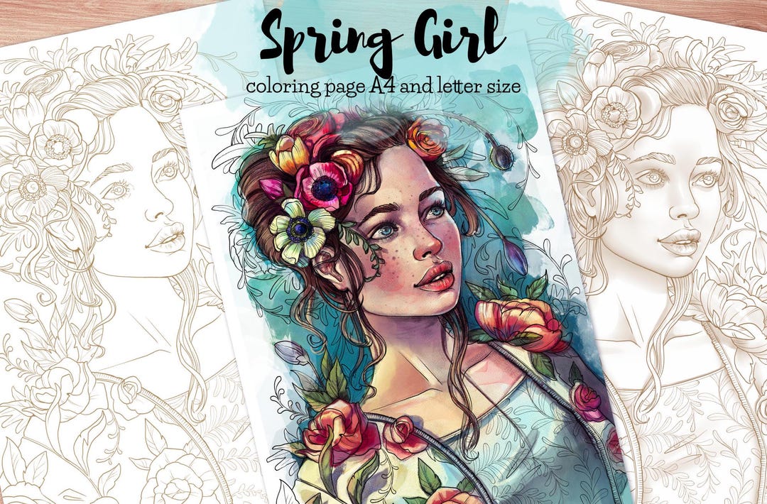Spring Girl - Printable Coloring Page, Classic and Grayscale - Etsy