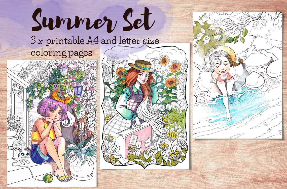 Printable Summer Coloring 3 pages set | Etsy